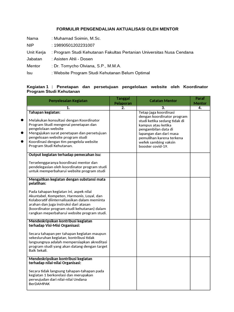Formulir Pengendalian Aktualisasi Oleh Mentor | PDF