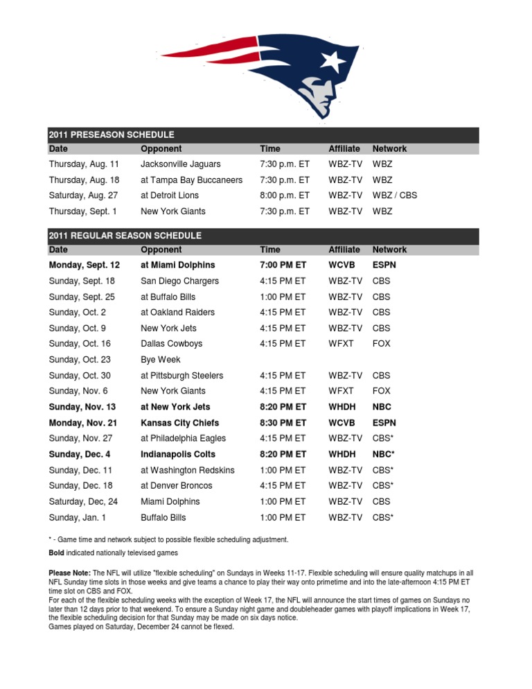 2011 NFL Schedule: Game Dates & Times | PDF | Sports & Recreation ...