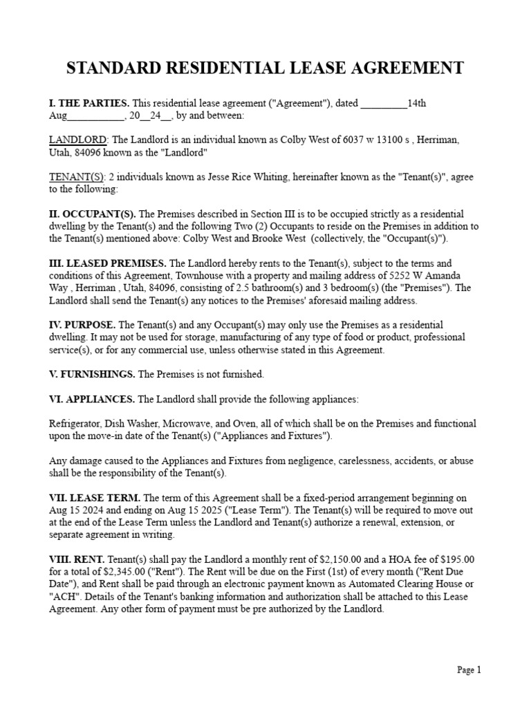 Utah Standard Residential Lease Agreement | PDF | Leasehold Estate | Lease