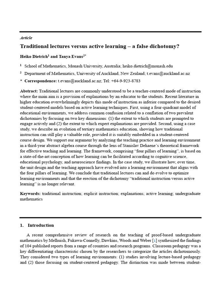 Traditional Lectures VS Active Learning - A False Ditchotomy | PDF Traditional Lectures VS Active Learning - A False Ditchotomy | PDF