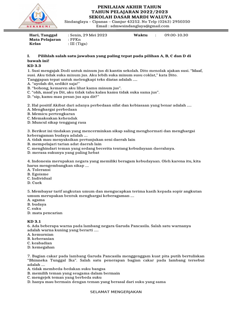 PENILAIAN AKHIR TAHUN PPKN Kelas 3 TP 22-23 | PDF