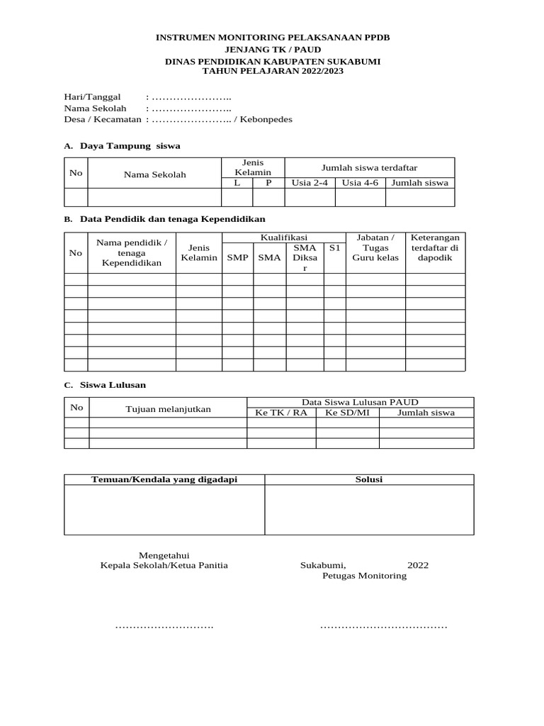 INSTRUMEN MONEV PPDB 2022 Paud | PDF