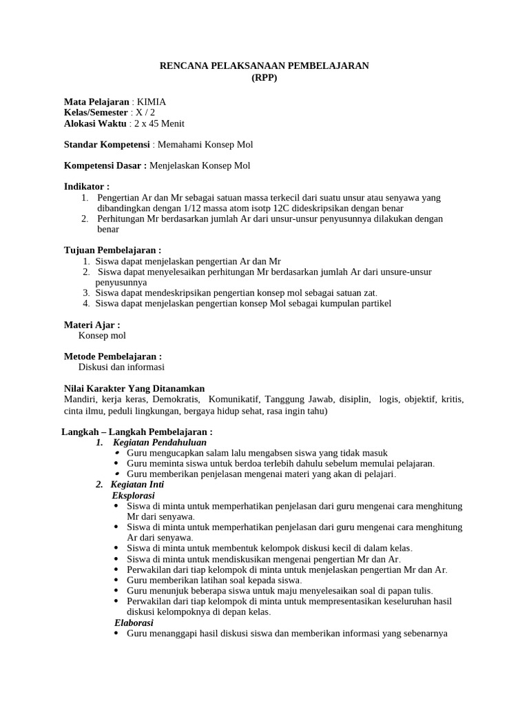 RPP Kimia Konsep Mol | PDF