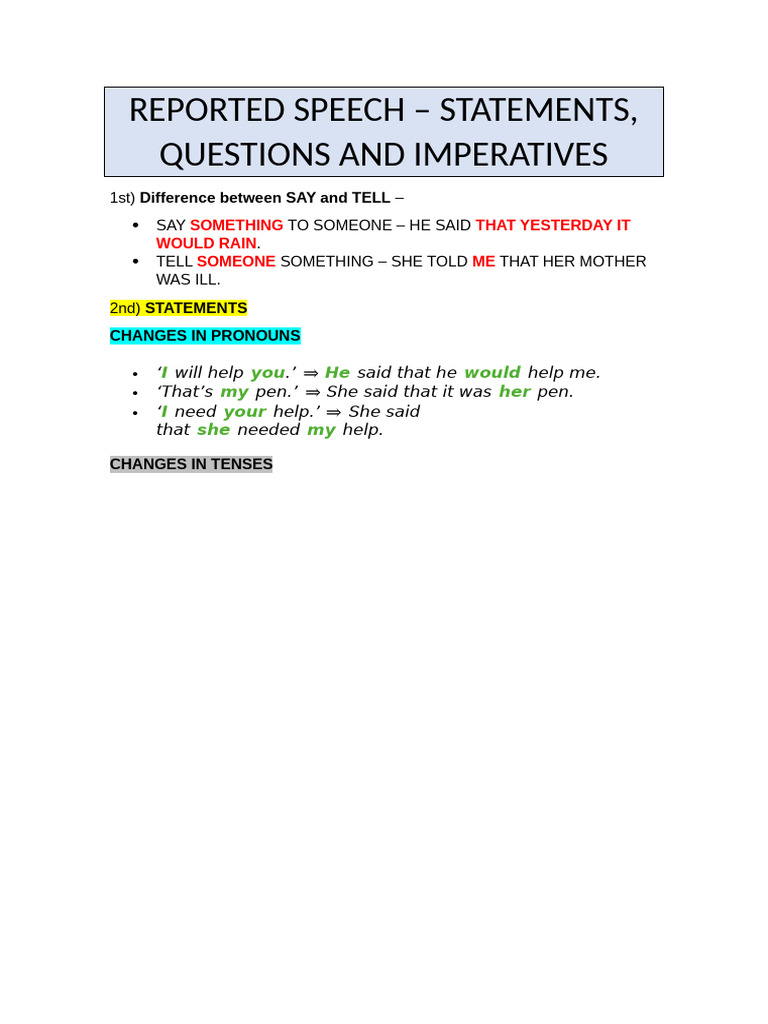 REPORTED SPEECH THEORY AND ACTIVITIES | PDF