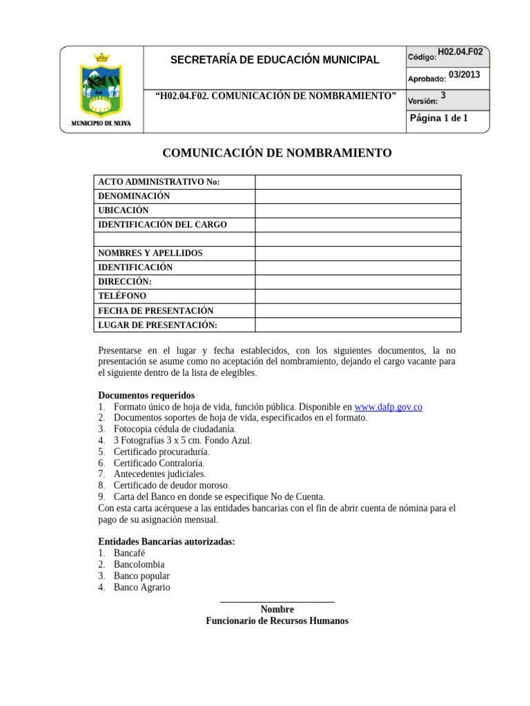 Formato H02_04_F02_V3 Comunicado de nombramiento | PDF