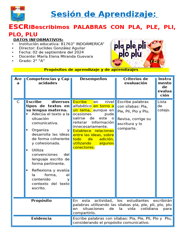 SESIÓN - ESCRIBIMOS PALABRAS CON PLA, PLE, PLI, PLO, PLU | PDF