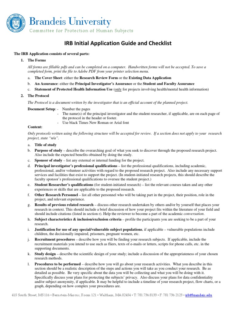 Brandeis IRB Application Guide | PDF | Informed Consent | Institutional ...