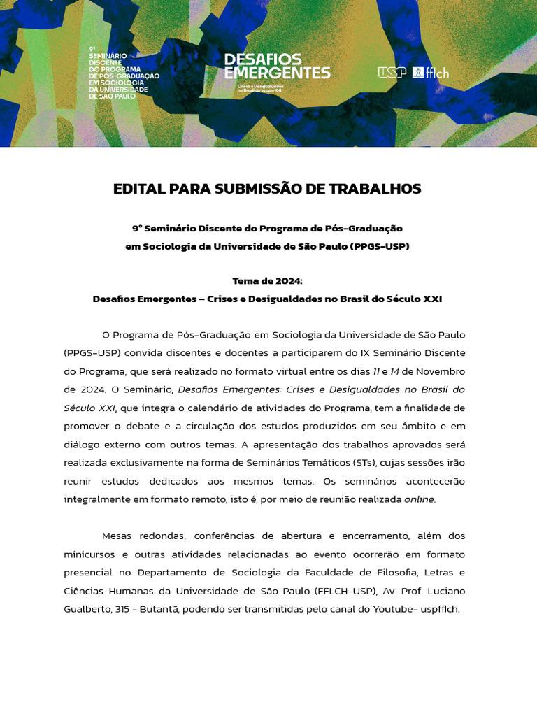(PUBLICADO) Edital para Submissão de Trabalhos - 9º SDS-USP | PDF