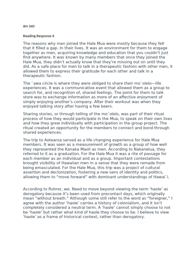 AN 340 Reading Response 6 | PDF