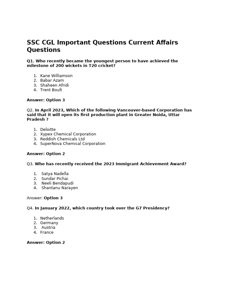 SSC CGL Important Questions General Awareness | PDF
