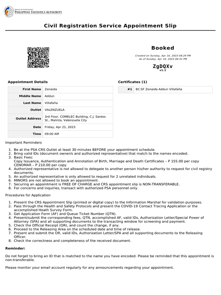 Civil Registration Service Appointment Slip: ZGDQXV | PDF