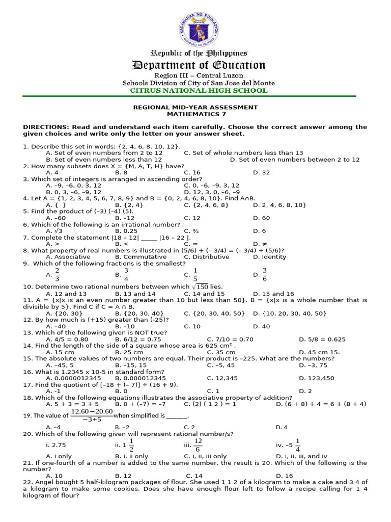 Math 7 Mid-Year Assessment | PDF