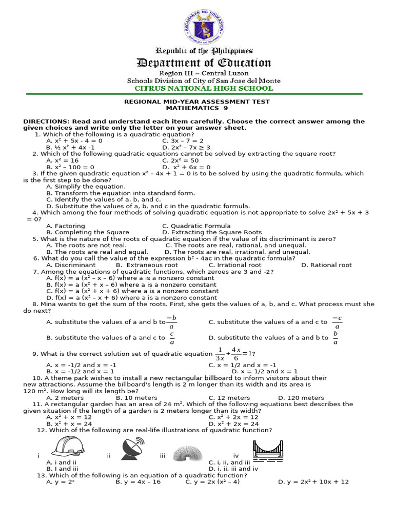 Math 9 Mid-Year Assessment | PDF