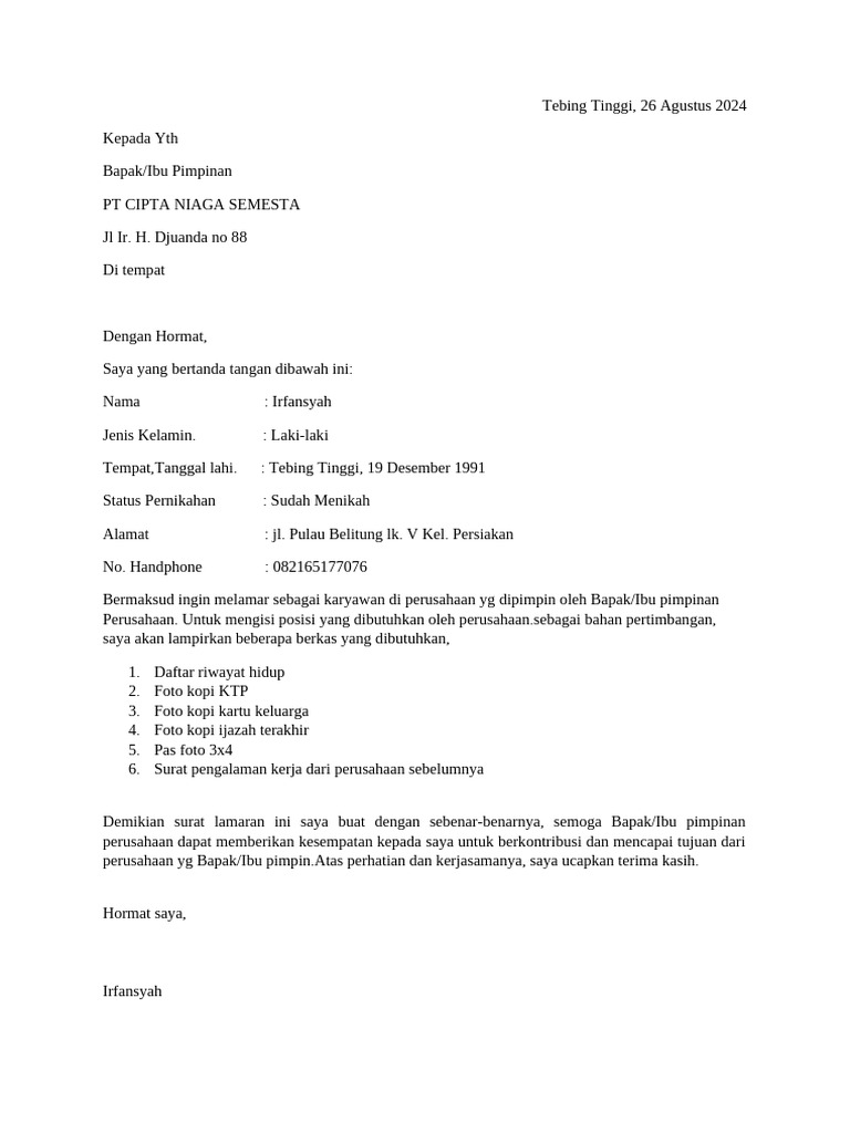 Tebing Tinggi Lamaran Kerja | PDF