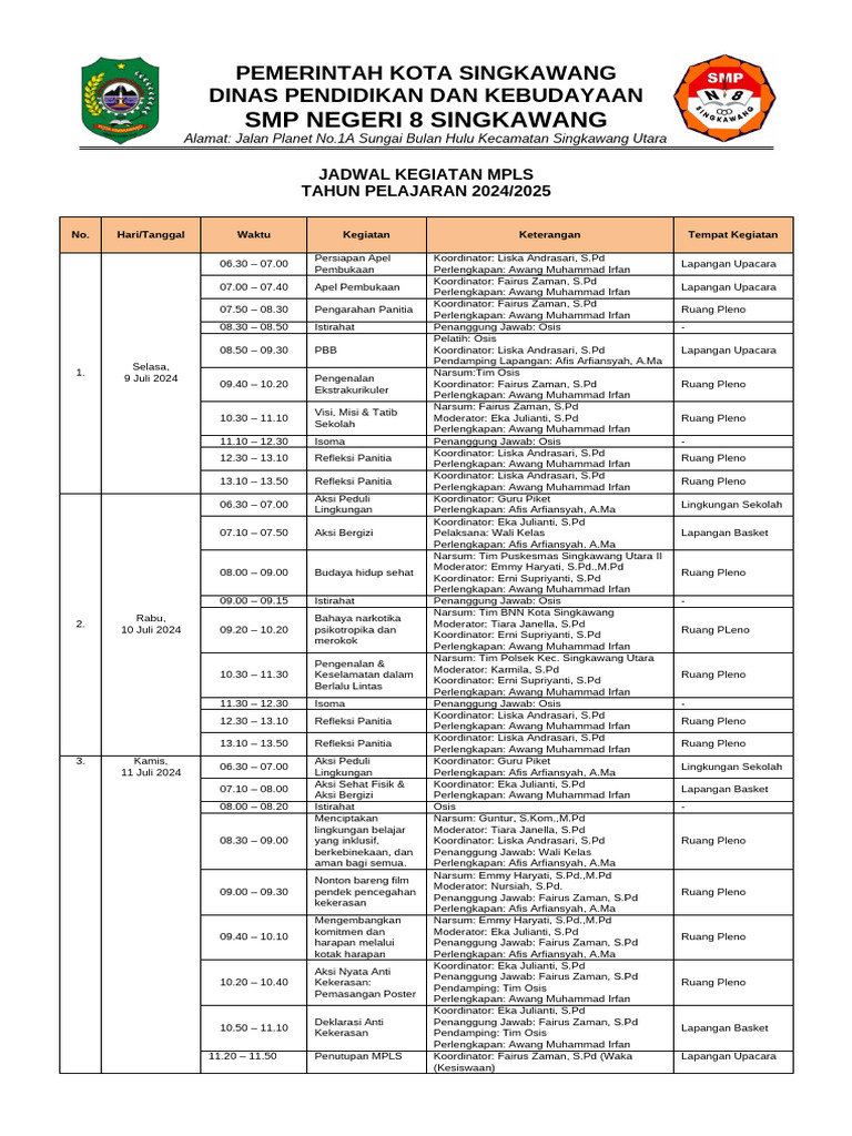 Jadwal Kegiatan MPLS | PDF