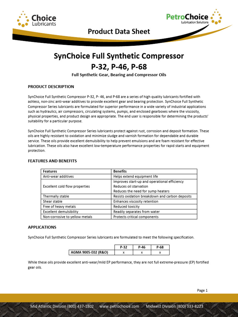 SynChoice Full Synthetic Compressor Oils P 32-68 PDS PC0005 11-7-13 2 | PDF