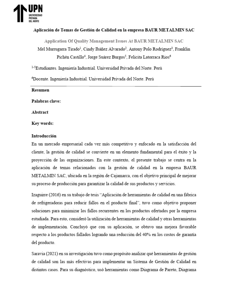 Mejora de Calidad en BAUR METALMIN SAC | PDF | Calidad (comercial ...