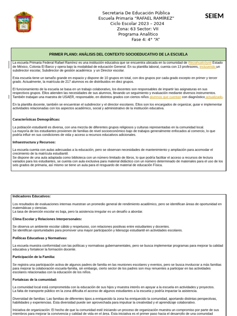 ProgramaAnalítico4toGradoA RR23 | PDF