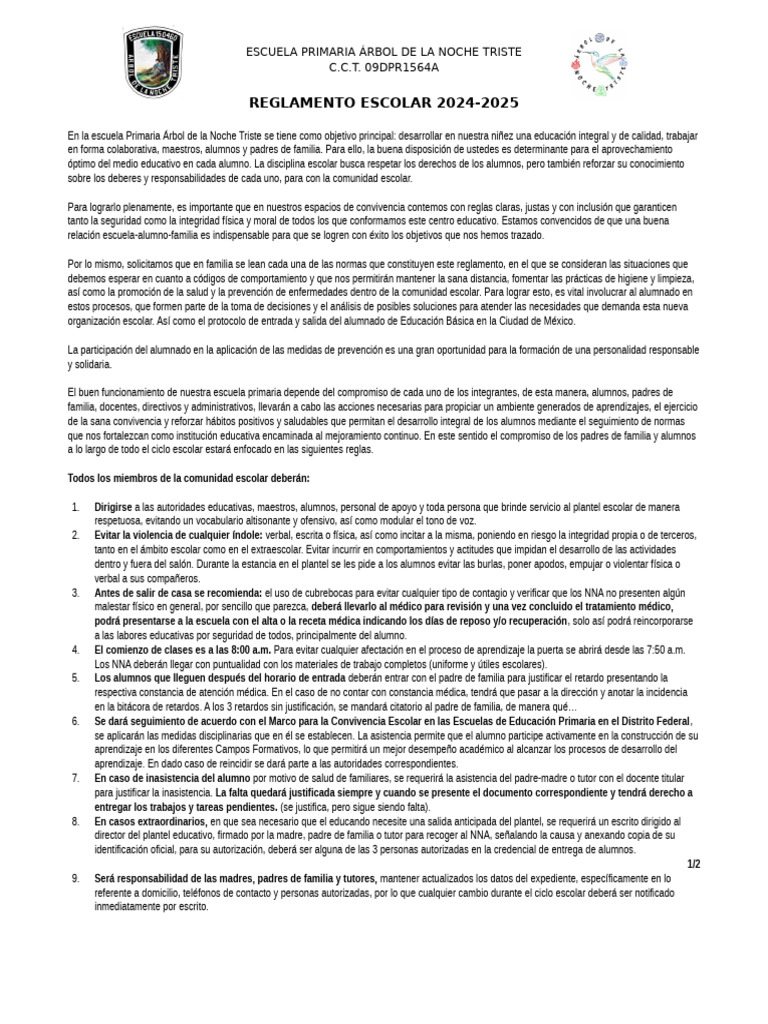 REGLAMENTO ESCOLAR 2024-2025 | PDF