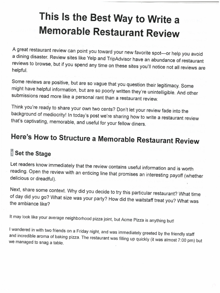 Write A Restaurant Review | PDF