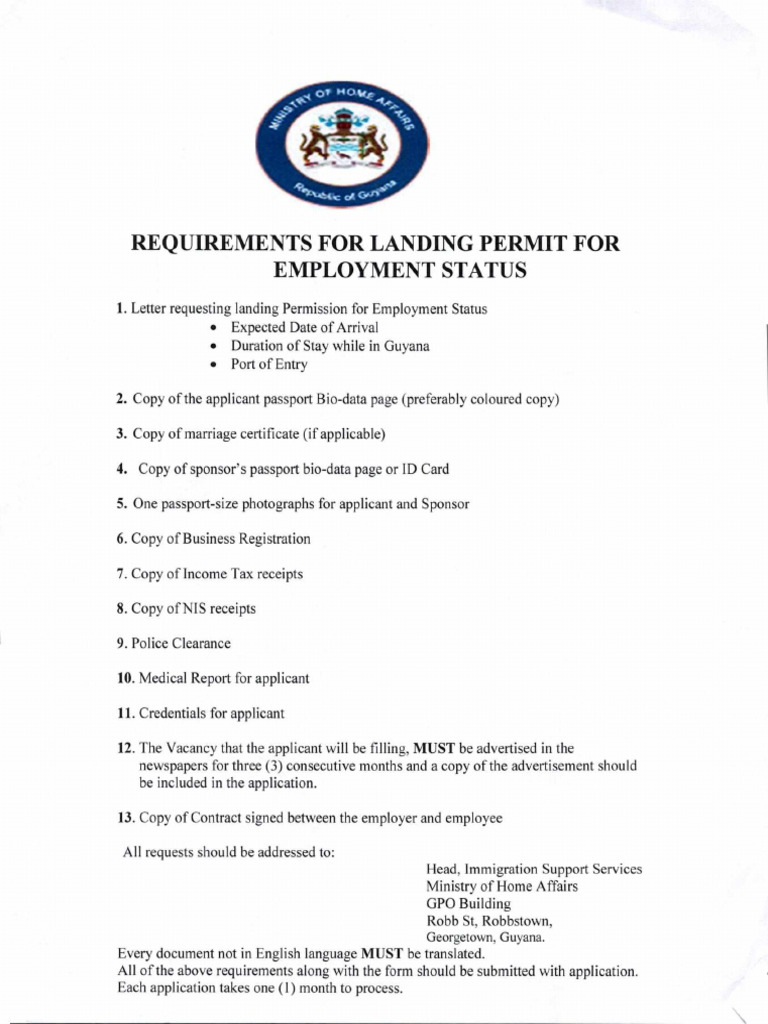 Requirements For Landing Permit For Employment Status | PDF
