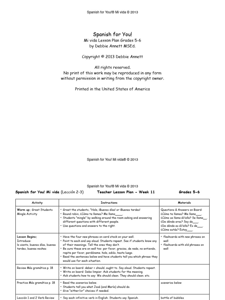 Mi Vida Lesson Plan G5 6 | PDF