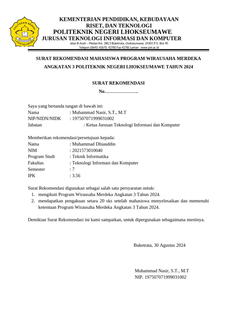 SURAT REKOMENDASI (Ketua Program Studi Dan Pimpinan Perguruan Tinggi Bidang Akademik Untuk ...