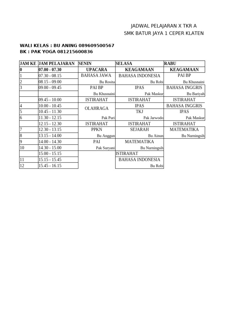 Jadwal Mapel X TKR A | PDF