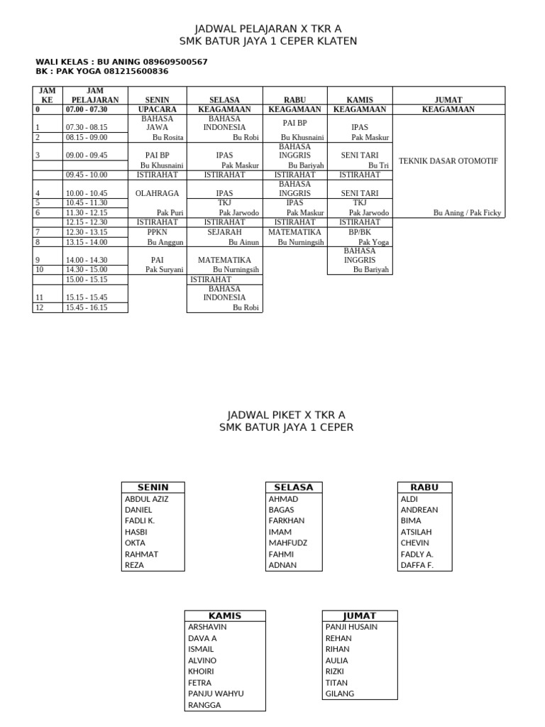 Jadwal Pelajaran TKR A | PDF