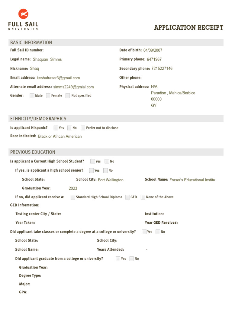 Full Sail Online Admissions Application | PDF