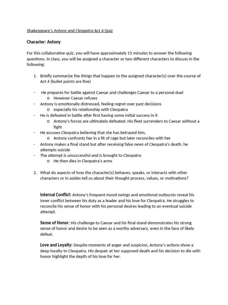 Antony and Cleopatra Act 4 Quiz | PDF