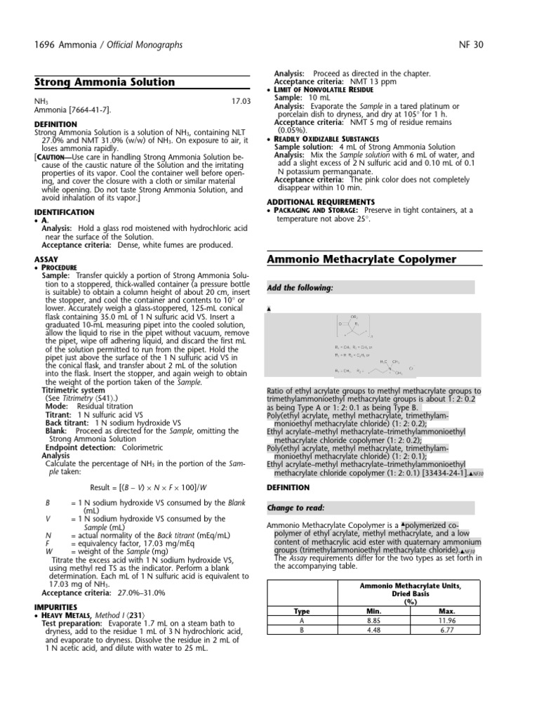 Strong Ammonia Solution - USP Monograph | PDF | Ammonia | Titration