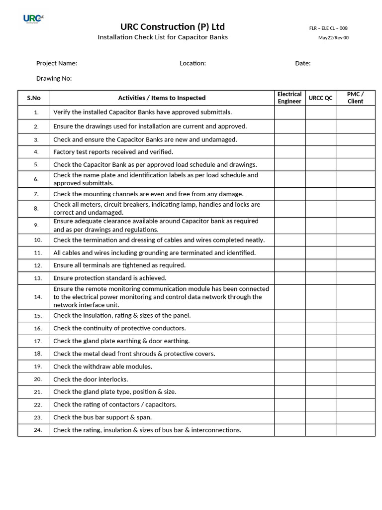 FLR - ELE CL - 008 Installation Check List For Capacitor Banks | PDF ...