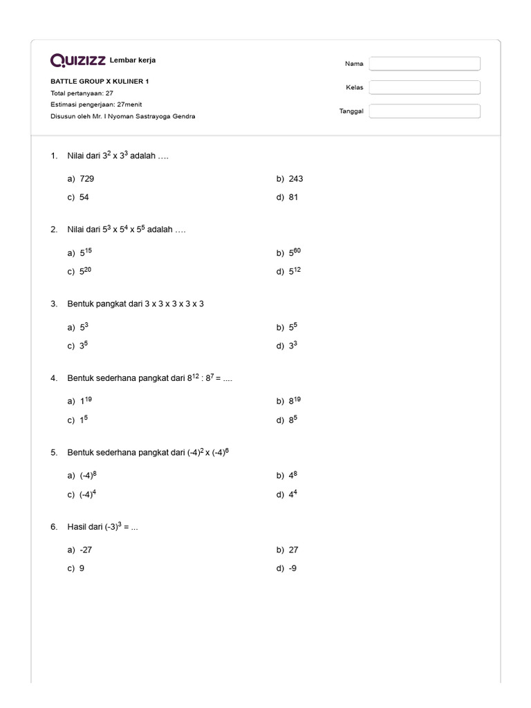 Battle Group X Kuliner 1 - Quizizz | PDF