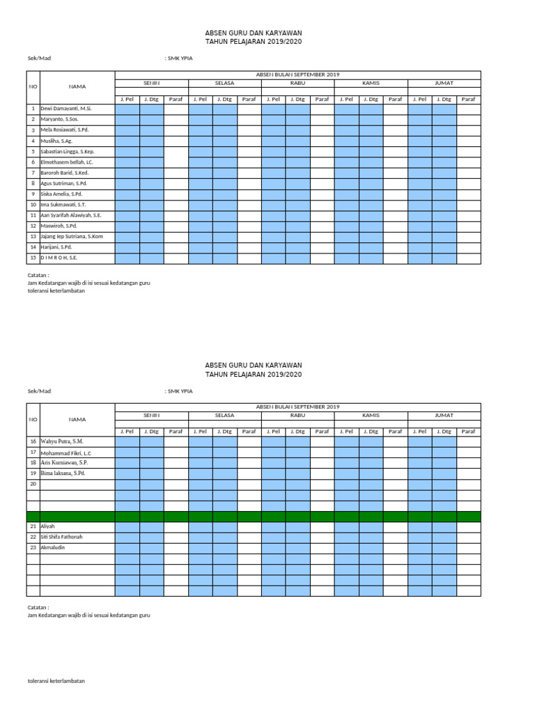 Absen Harian Guru Dan Karyawan Juli-Sept 2019 | PDF