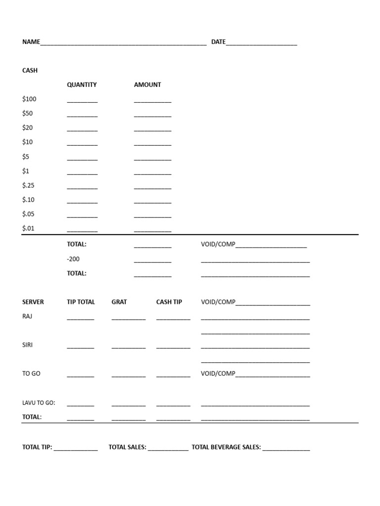 Restaurant Till Sheet | PDF