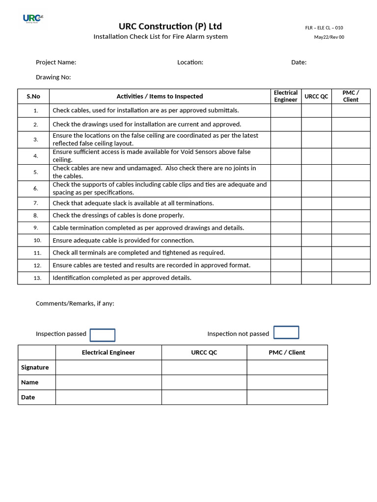 FLR - ELE CL - 010 Installation Check List For Fire Alarm System | PDF