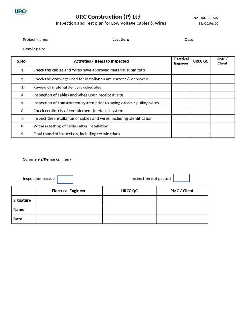 FLR - ELE ITP - 002 Inspection and Test Plan For Low Voltage Cables ...