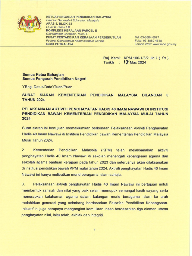 Surat Siaran KPM Bil. 5 Tahun 2024 Hadis 40 | PDF