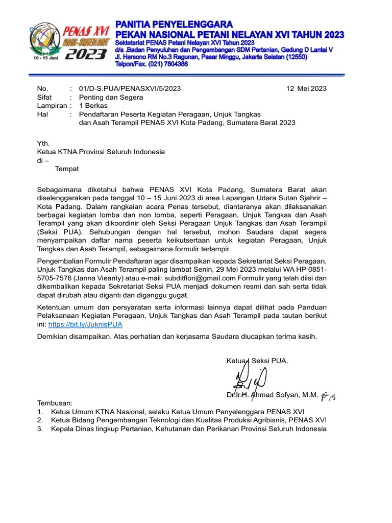 Surat Penjaringan PUA Penas 2023 | PDF | Indonesia