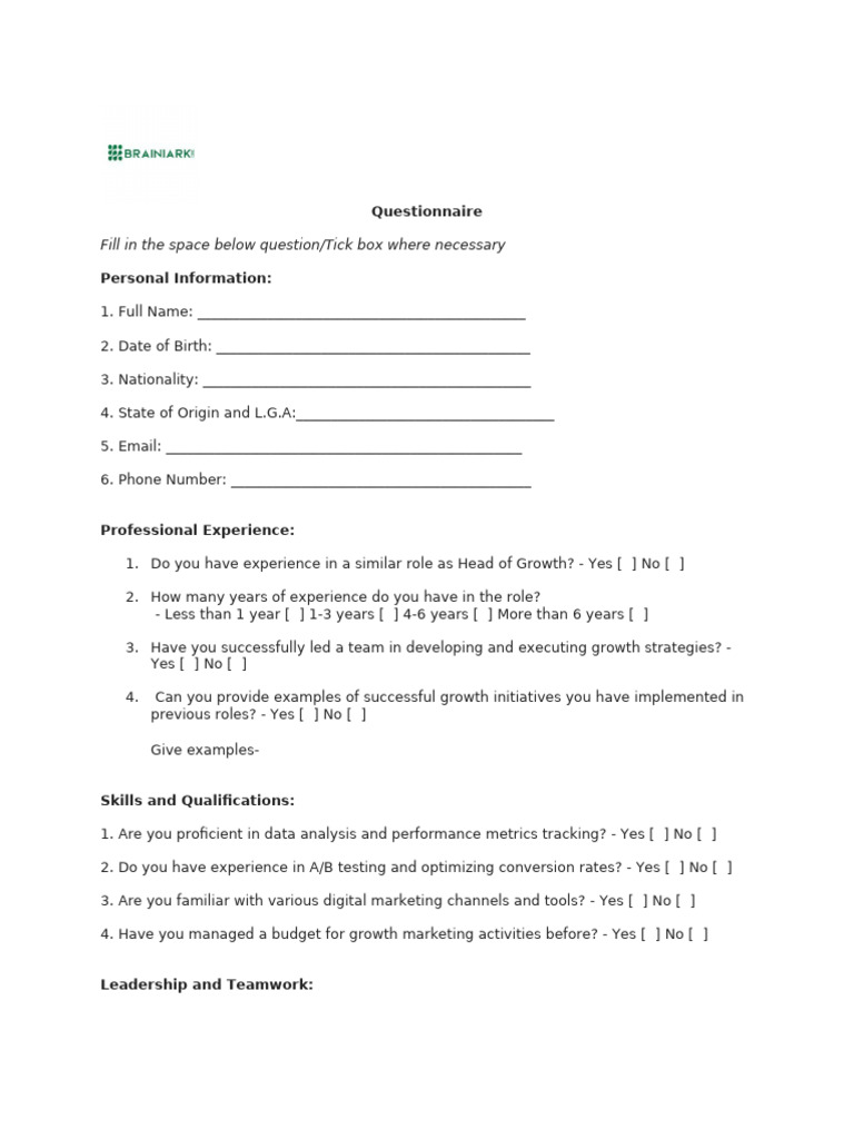Employment Questionnaire | PDF
