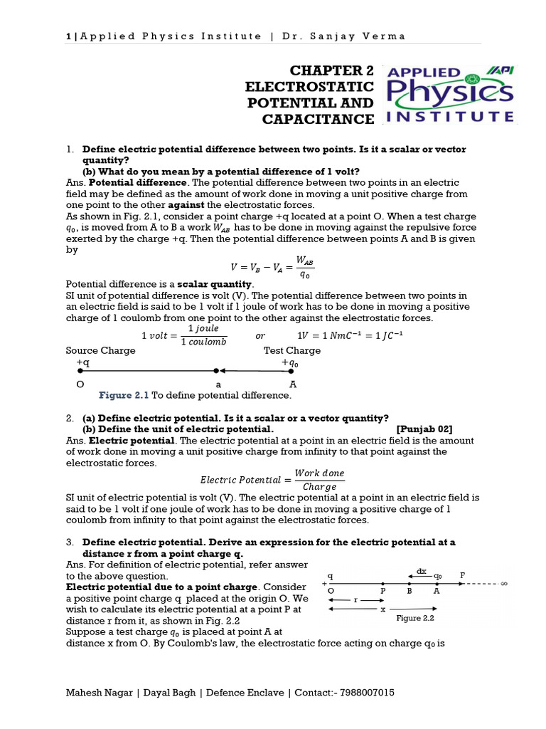 Chapter 2 Electrostatic Potential and Capacitance Notes 1 | PDF