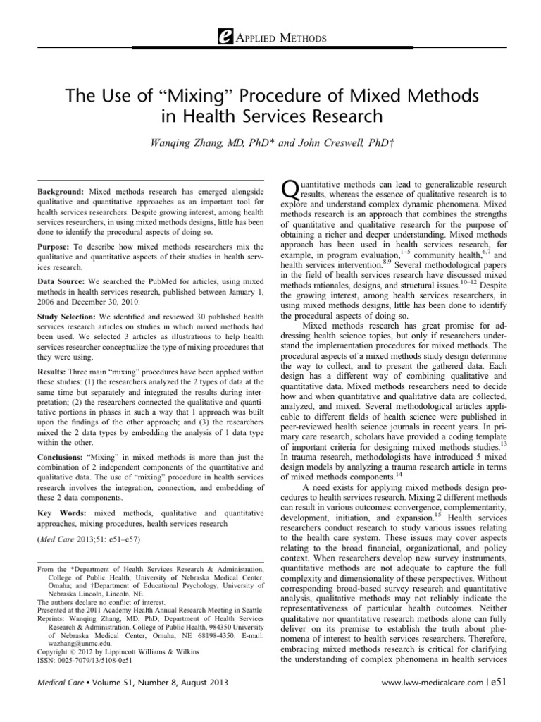The Use of "Mixing" Procedure of Mixed Methods in Health Services ...