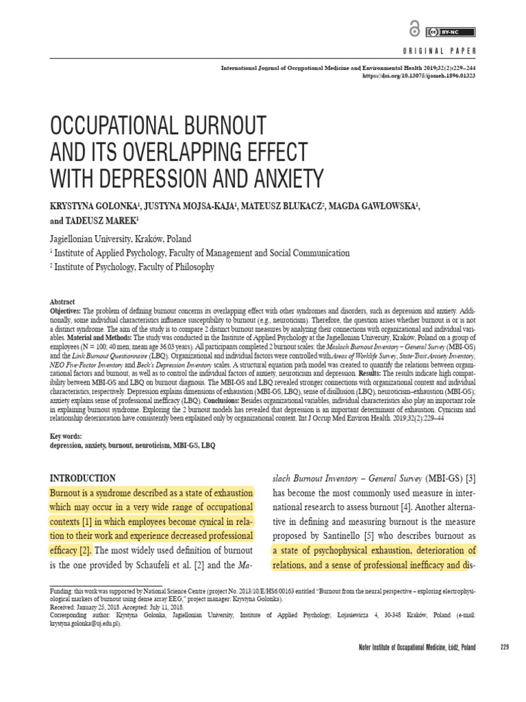 Occupational Bornout and Its Overlapping Effect With Depression and ...