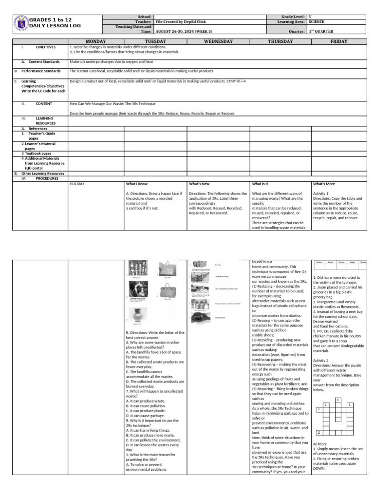 DLL - Science 5 - Q1 - W5 | PDF | Waste | Municipal Solid Waste