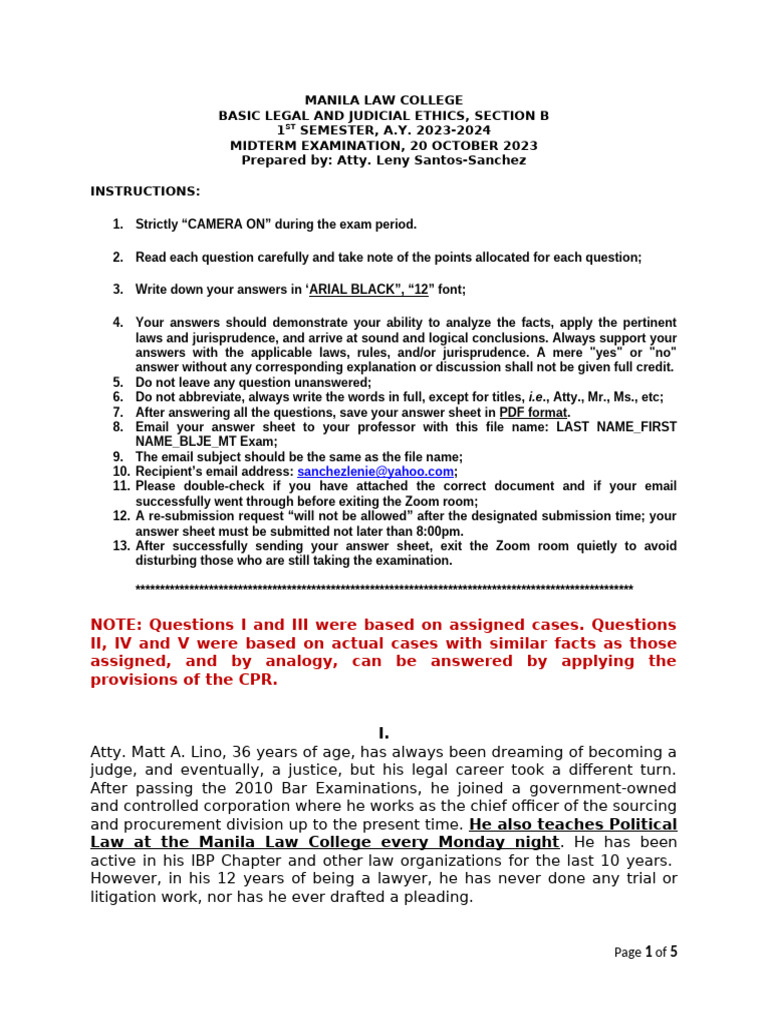 BLJE - MT Exam - WITH SUGGSTED ANSWERS | PDF | Practice Of Law | Politics