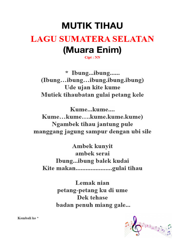 Lagu Daerah Muara Enim Mutik Tihau | PDF