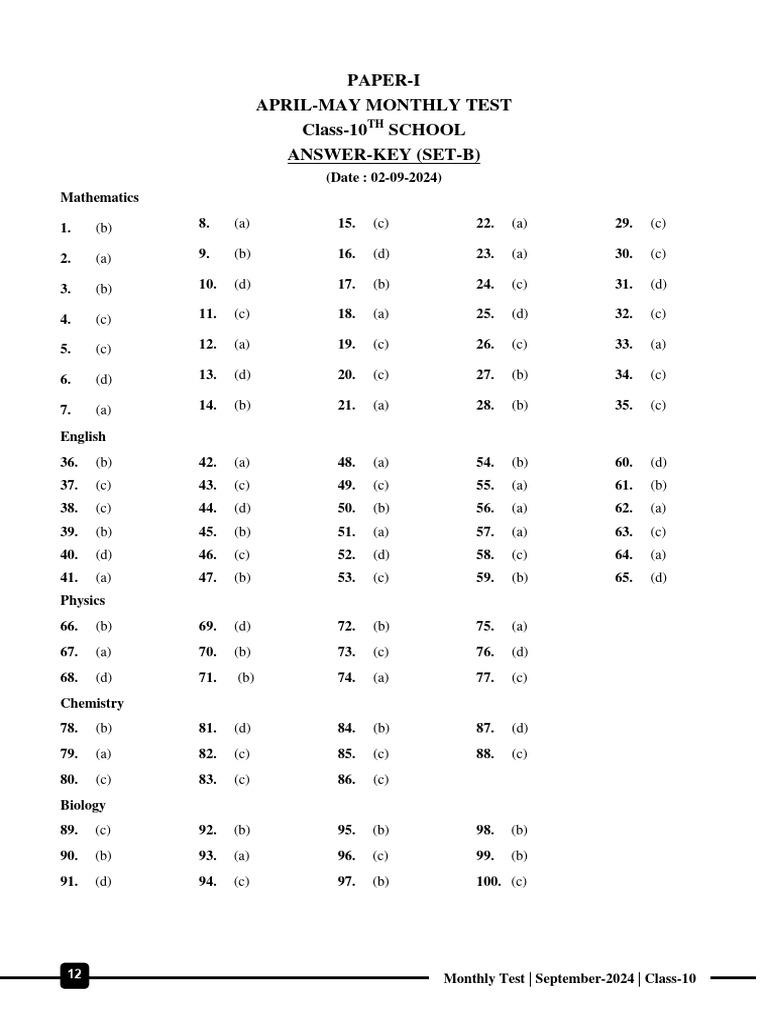 Monthly Test Paper Class-X (02!09!2024) (SET-B) Answer Key | PDF