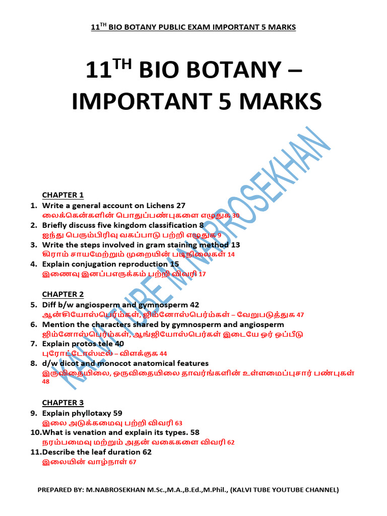 11th Bio Botany Imp 5 Marks | PDF