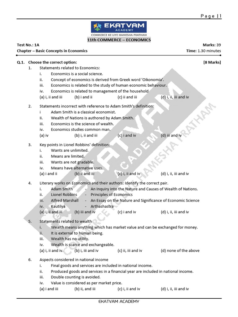 11th Eco - Test 1A - Que - SMJ | PDF